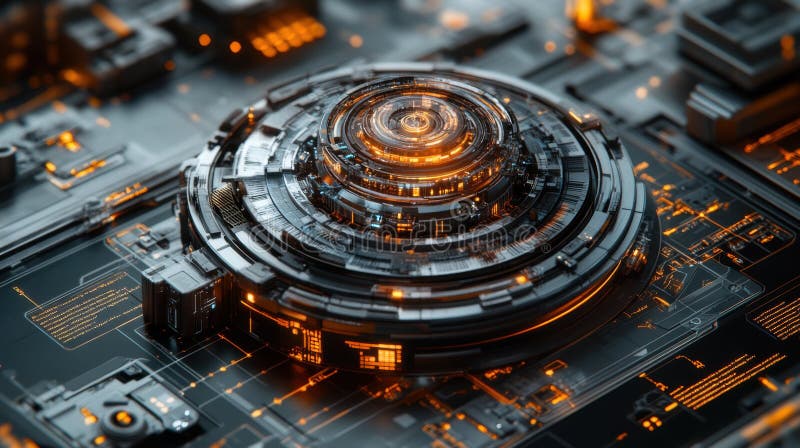 Futuristic Circuit Board Close-up with Glowing Orange Elements in High ... Futuristic Circuit Board Close-up with Glowing Orange Elements in High ...