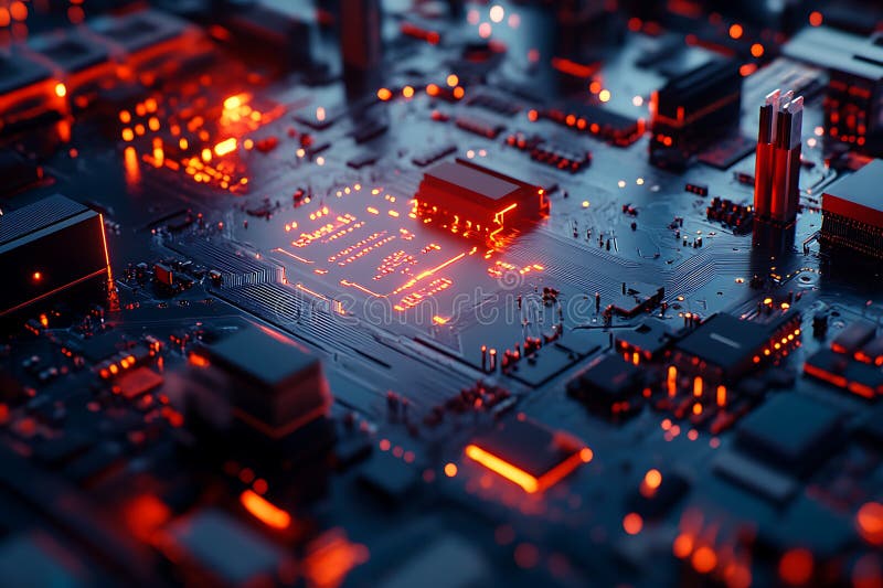 Futuristic Circuit Board Close-up of Glowing Red Electronic Components ...