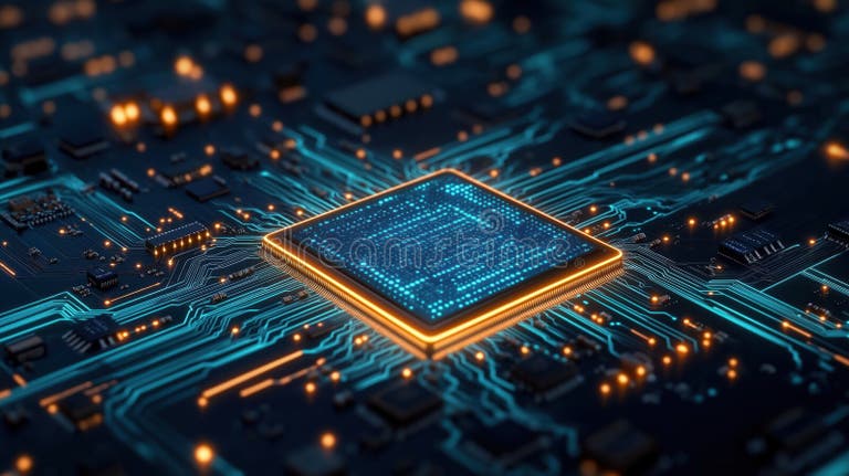 Futuristic Circuit Board Displays Glowing Blue, Orange Lights. Complex ...