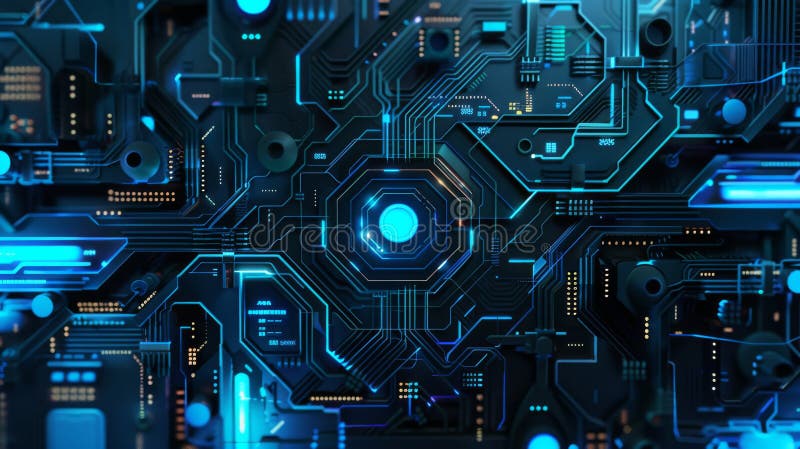 A Futuristic Circuit Board Featuring Blue Tech Elements and Digital ...