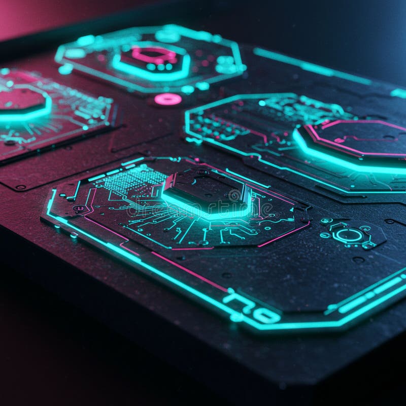 Futuristic Circuit Board Featuring Glowing Neon Traces and Components ...