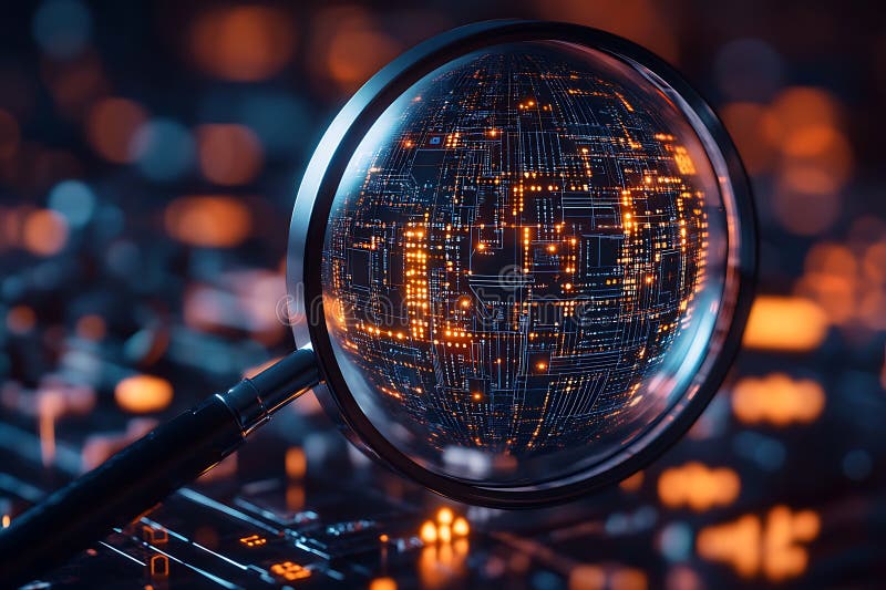 Futuristic Circuit Board Globe Under Magnifying Glass Digital World ...