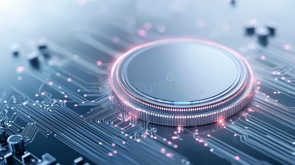 A Futuristic Circuit Board with a Glowing Circular Component in the ...