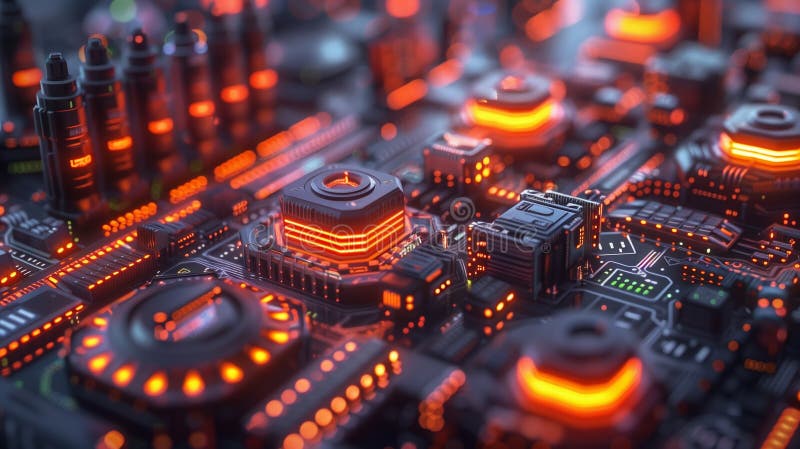 Futuristic Circuit Board with Glowing Components in a Dimly Lit ...