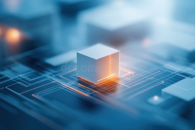 Futuristic Circuit Board with Glowing Cube Element Stock Image - Image ...