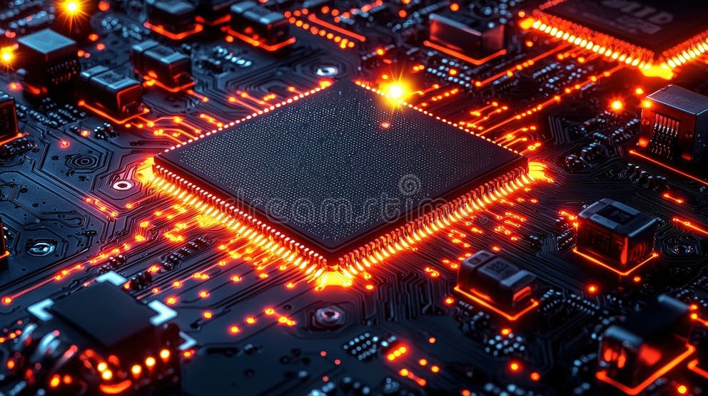 Futuristic Circuit Board with Glowing Elements and Complex Electronic ...