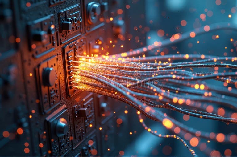 Futuristic Circuit Board with Glowing Fiber Optics and Sparks Stock ...