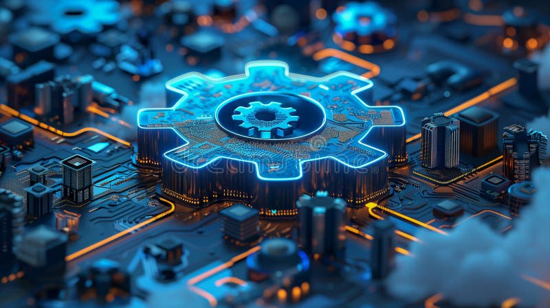 Futuristic Circuit Board with Glowing Gear and Cityscape Stock ...