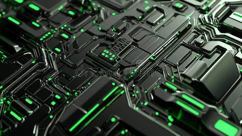 Futuristic Circuit Board with Glowing Green Lights is Pulsing with ...