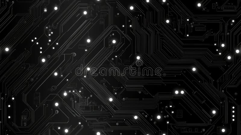 Futuristic Circuit Board with Glowing Lights on Black Background Stock ...