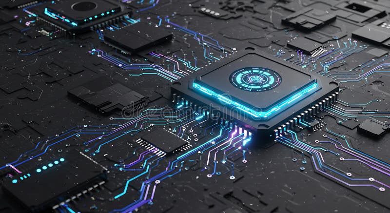Futuristic Circuit Board with Glowing Microchips and Intricate Wiring Patterns. Stock ...
