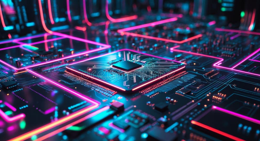 Futuristic Circuit Board with Glowing Neon Lines, Semiconductor ...