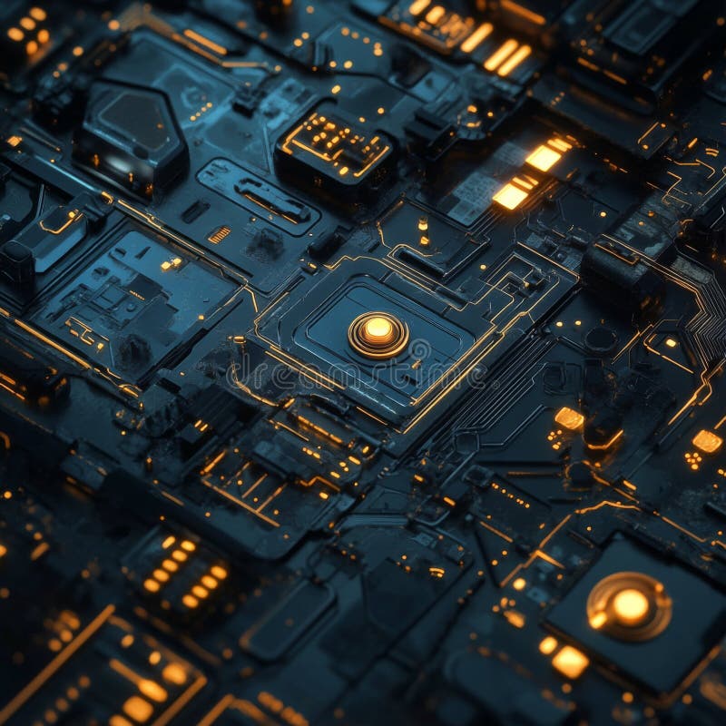 Futuristic Circuit Board with Glowing Orange Connections and Complex ...