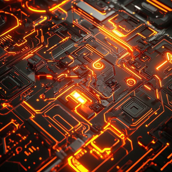 Futuristic Circuit Board with Glowing Orange Lines and Complex Design Patterns Stock Image ...
