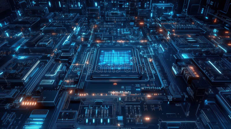 A Futuristic Circuit Board with a Glowing Processor Stock Illustration ...