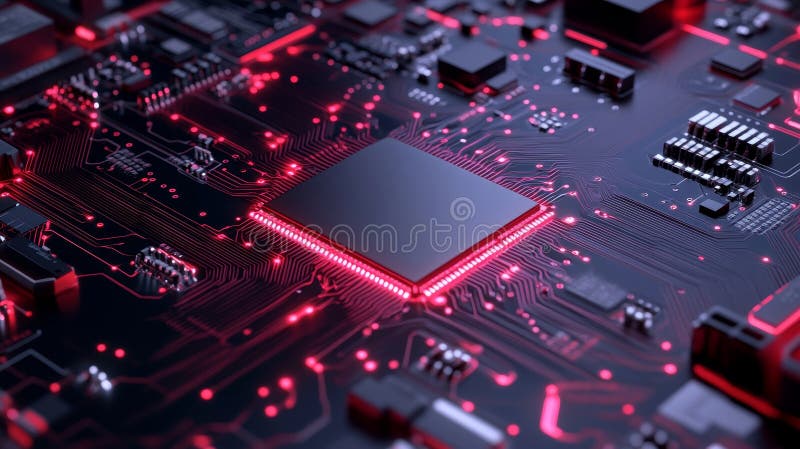 Futuristic Circuit Board with Glowing Red and Pink Lights Representing ...