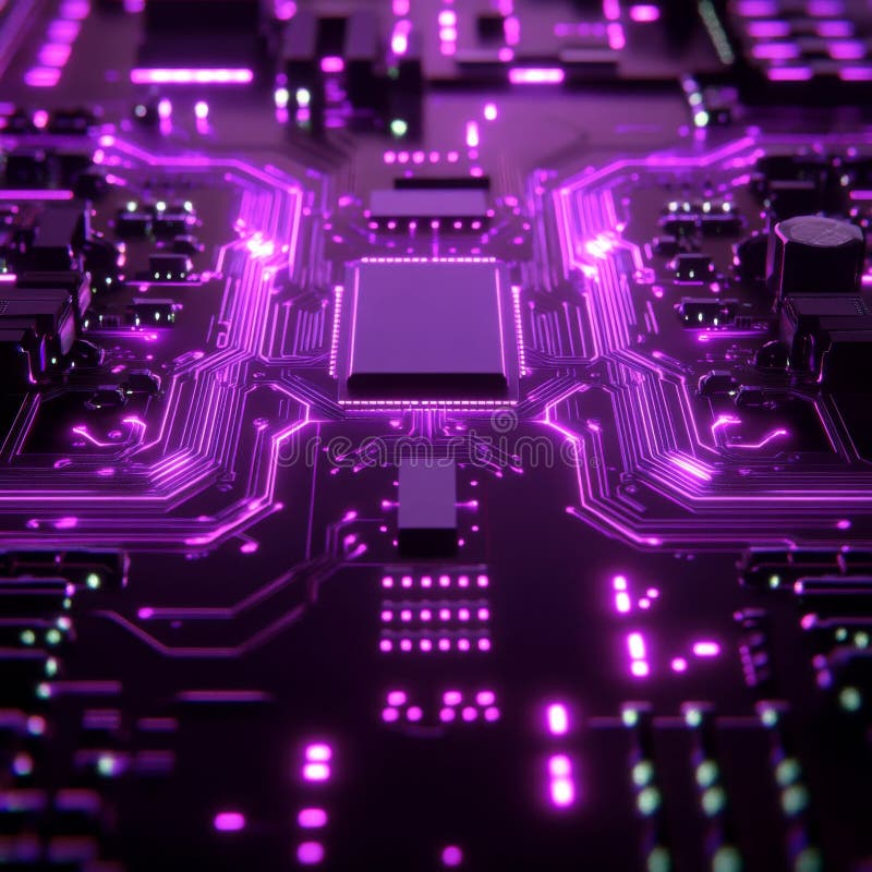 Futuristic Circuit Board with Glowing Violet Traces and Microchips ...