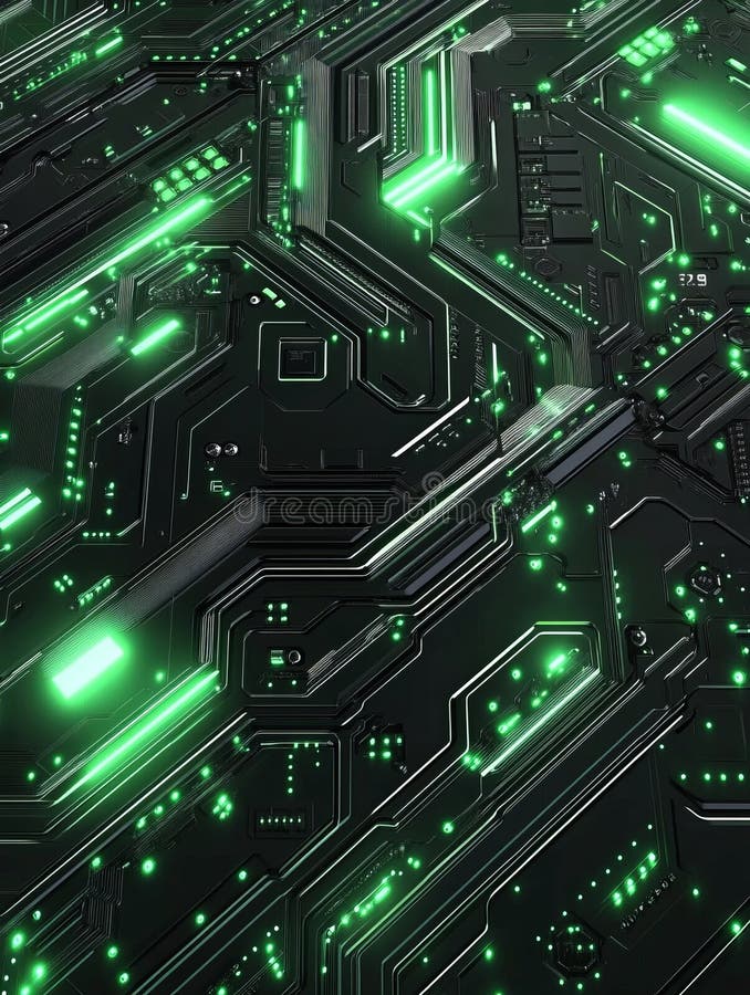 Futuristic Circuit Board with Green Led Lights on Black Surface Stock ...