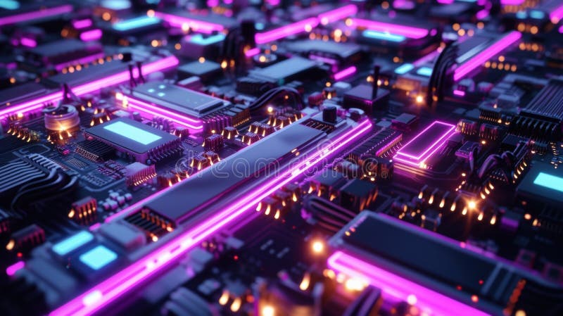 Futuristic Circuit Board Pulsating with Neon Light, Innovative ...