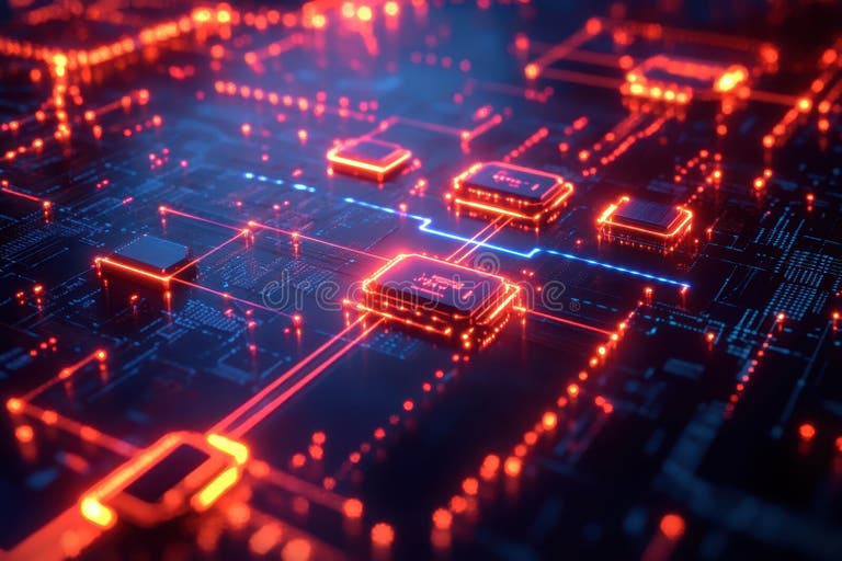 Futuristic Circuit Board Red and Blue Neon Lights Microchips Technology ...