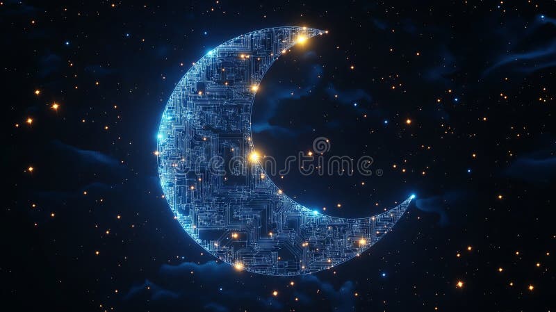 Futuristic Circuit Board-Style Crescent Moon with Glowing Star-Like ...