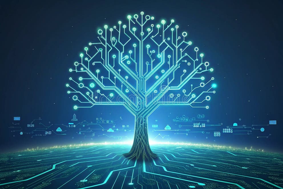 Futuristic Circuit Board Tree with Interconnected Digital Branches Depicting Technological ...