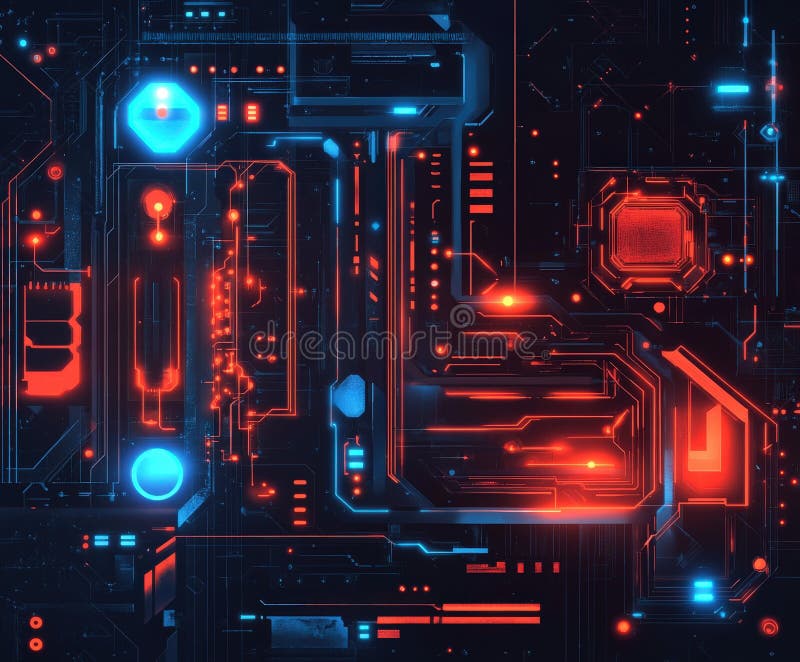 Futuristic Circuit Design Featuring Blue and Red Neon Lights Stock ...