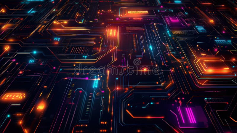 Futuristic Circuit Design Illuminated with Vibrant Colors at Night ...