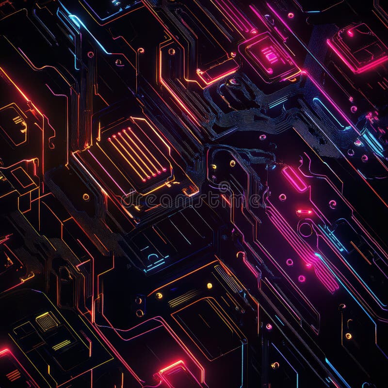 Futuristic Circuit Design with Vibrant Neon Colors in a Dark Setting ...