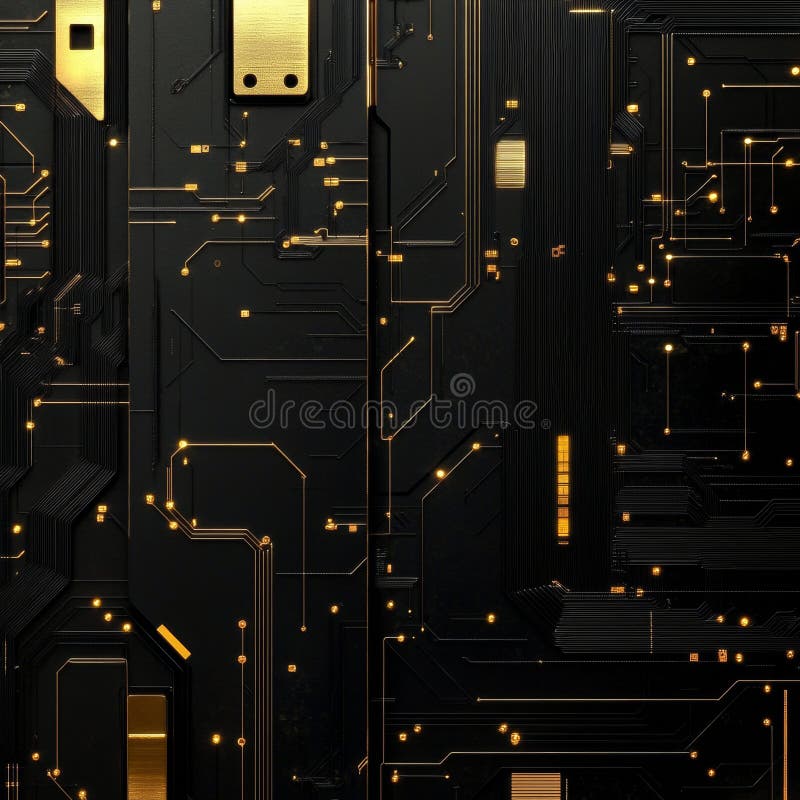 Futuristic Circuit Pattern with Gold Traces on Black Background Stock ...
