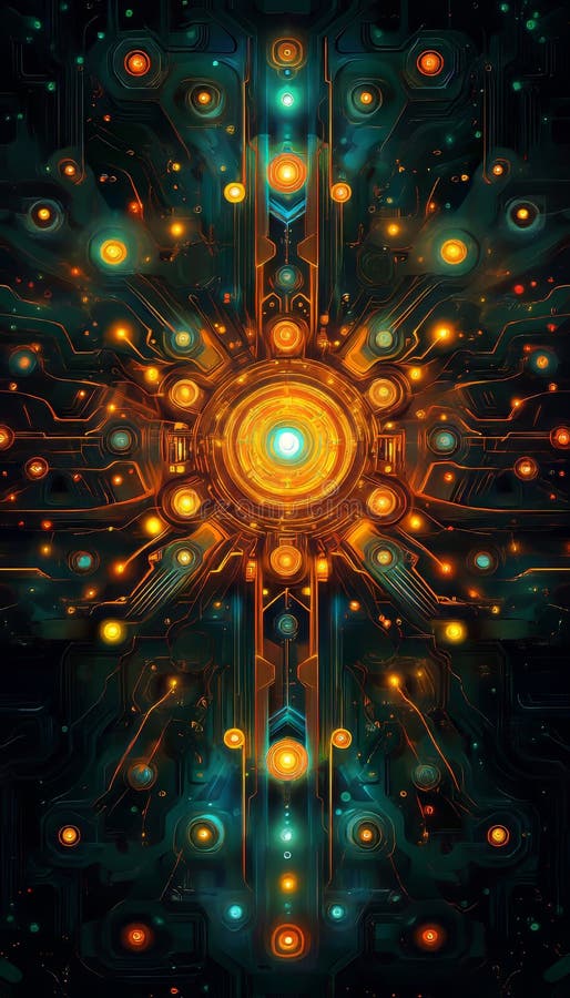 Futuristic Circuitry, Abstract Symmetrical Electronic Design, Orange ...
