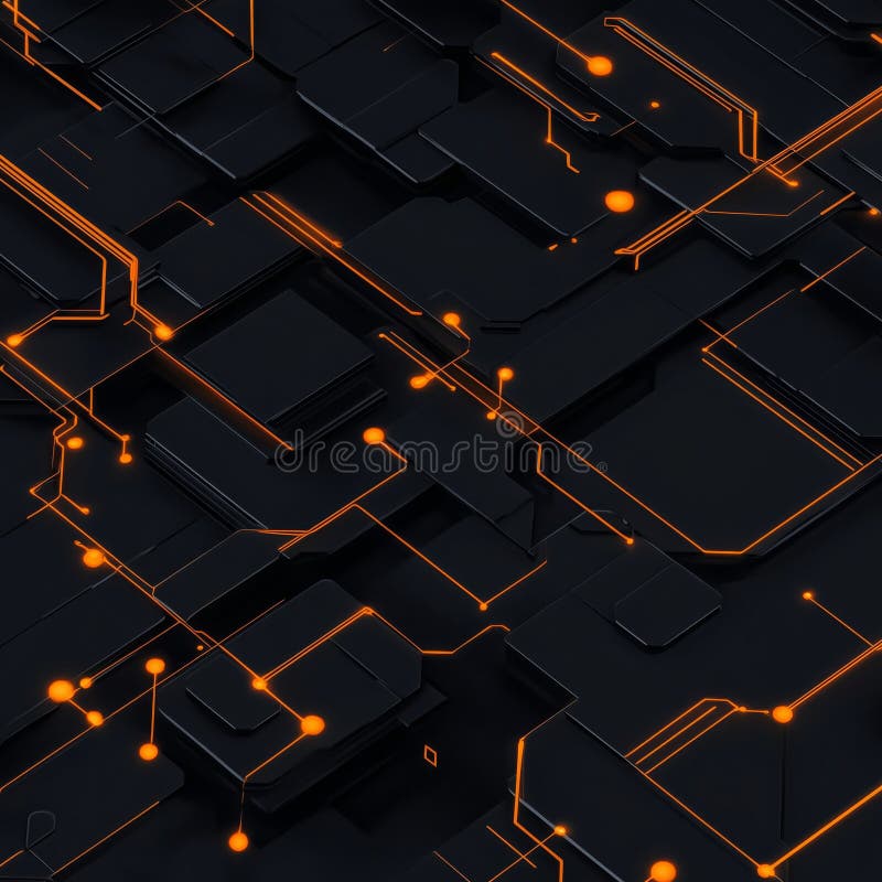 Futuristic Circuitry with Glowing Orange Lines on Black Geometric ...
