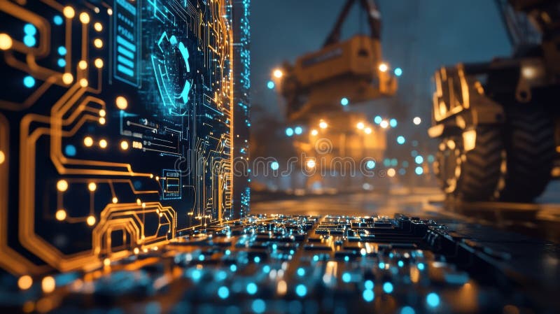 Futuristic Circuitry Managing Industrial Crane Operations at Night ...
