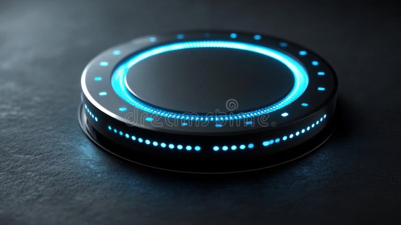 Futuristic Circular Button with Blue Neon Light on Dark Background ...