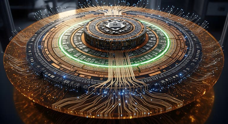 Futuristic Circular Circuit Board with Glowing Green Light and Data ...