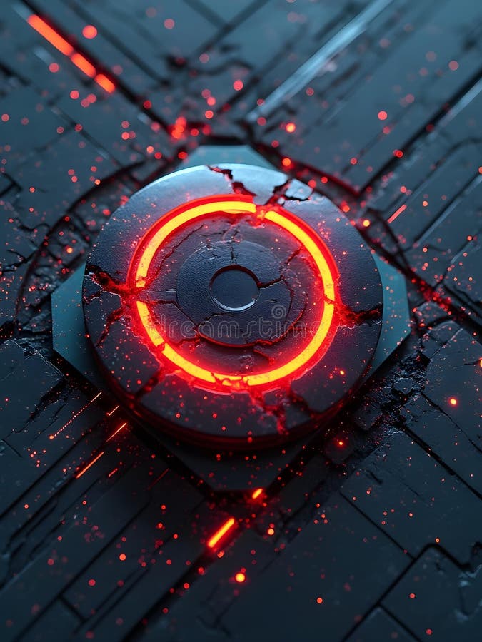 Futuristic Circular Design with Glowing Red Ring and Cracks Stock ...