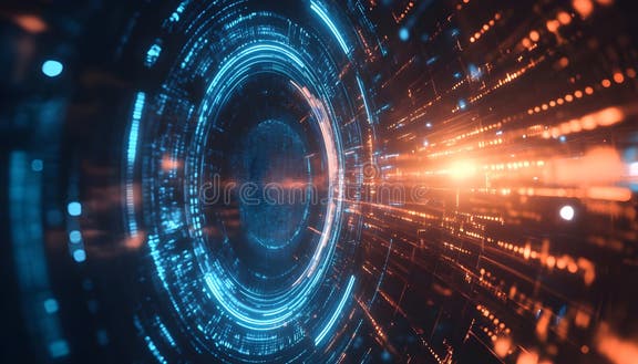 Futuristic Circular Device with Bright Glow in a Data Stream Background ...