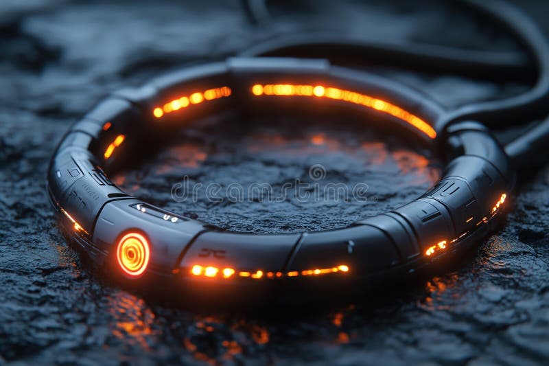 Futuristic Circular Device Glowing with Orange Lights Rests on Textured ...