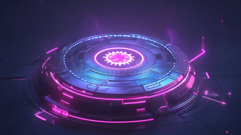 Futuristic Circular Device Glowing with Pink and Blue Neon Lights Stock ...