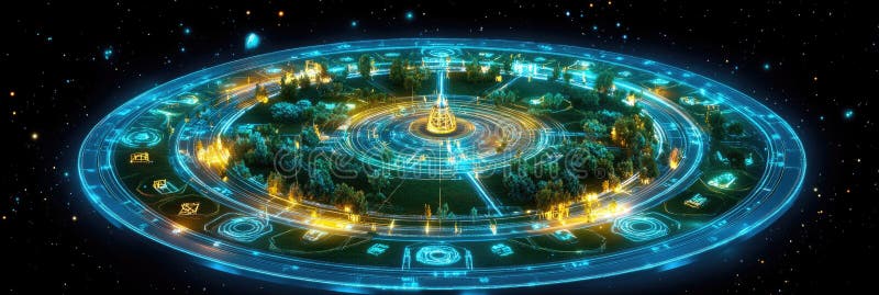Futuristic Circular Digital Landscape with Glowing Elements in Space ...