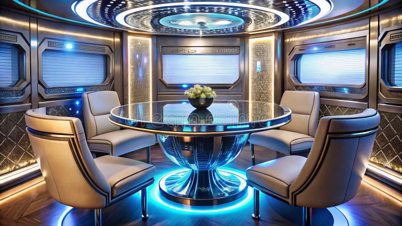 Futuristic Circular Dining Table with Holographic Chairs and Circuitry ...