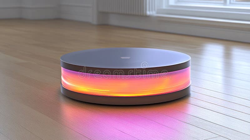 A Futuristic, Circular, Glowing Device on Wooden Floor Stock ...