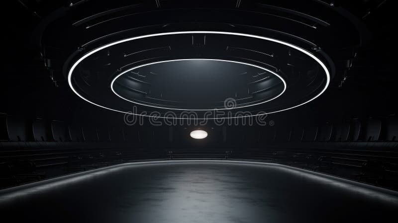 Futuristic Circular Hallway with Illuminated Ceiling Rings in Dark ...