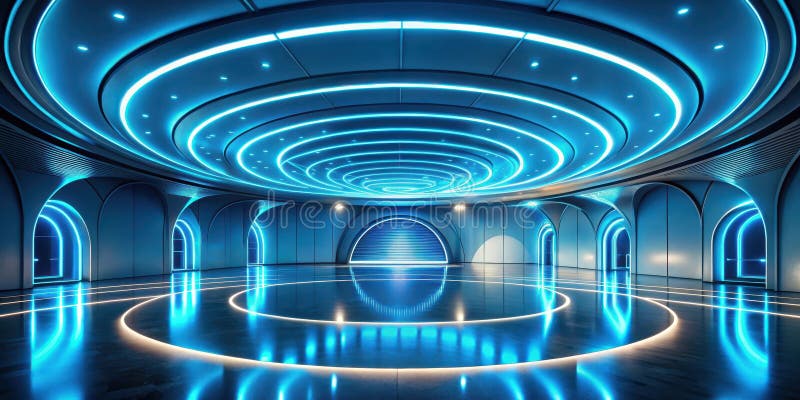 Futuristic Circular Hallway with Neon Lighting and Reflective Floor, Ideal for Modern ...