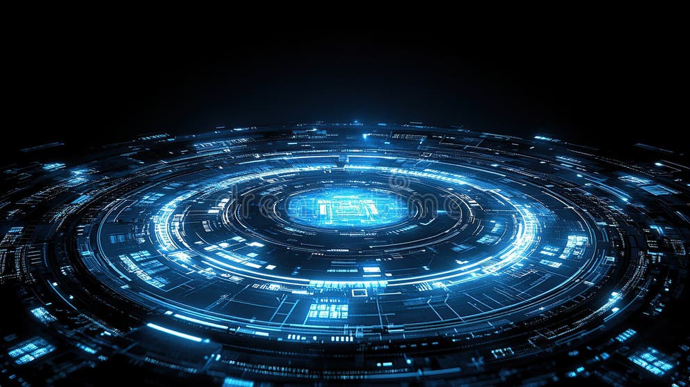 Futuristic Circular Interface with Glowing Blue Digital Circuits Stock Illustration ...