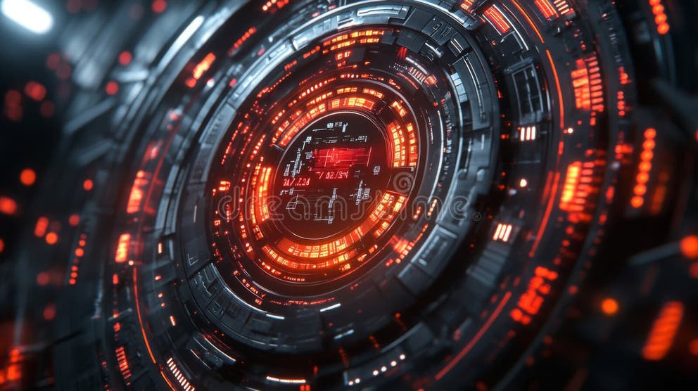 Futuristic Circular Interface with Glowing Red and Orange Lights Stock ...