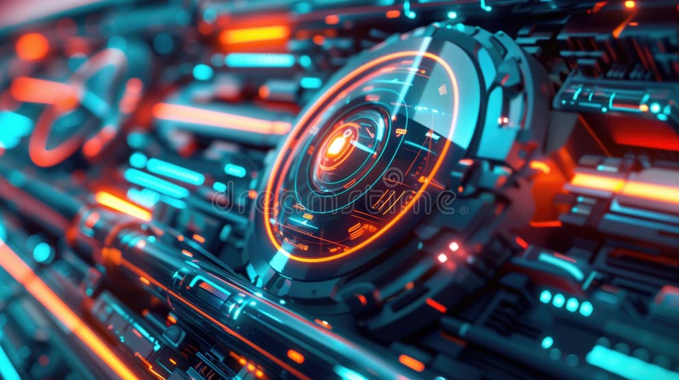 Futuristic Circular Interface with Neon Blue and Orange Elements in a ...
