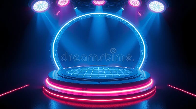 Futuristic Circular Platform with Glowing Blue Grid & Holographic ...