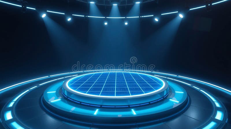 Futuristic Circular Platform with Glowing Blue Grid & Holographic Display Sci-Fi Stage & Neon ...