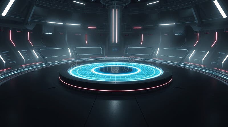 Futuristic Circular Platform with Glowing Blue Grid & Holographic ...